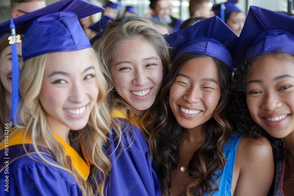 Four young women wearing graduation caps and gowns pose for a ...