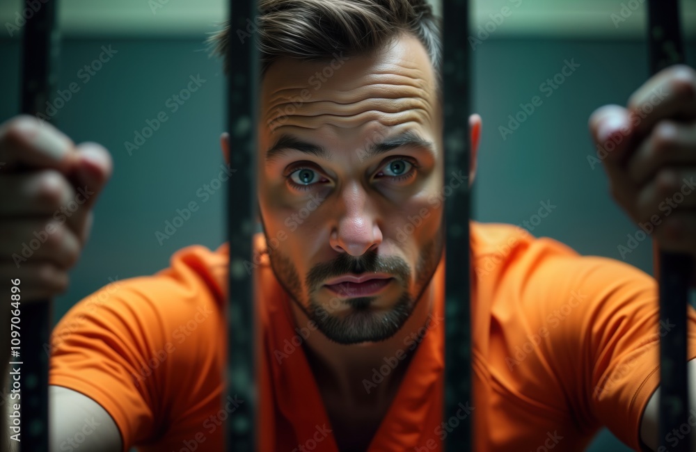 Man in jail cell. Latino prisoner. Criminal in orange jumpsuit. Crime ...