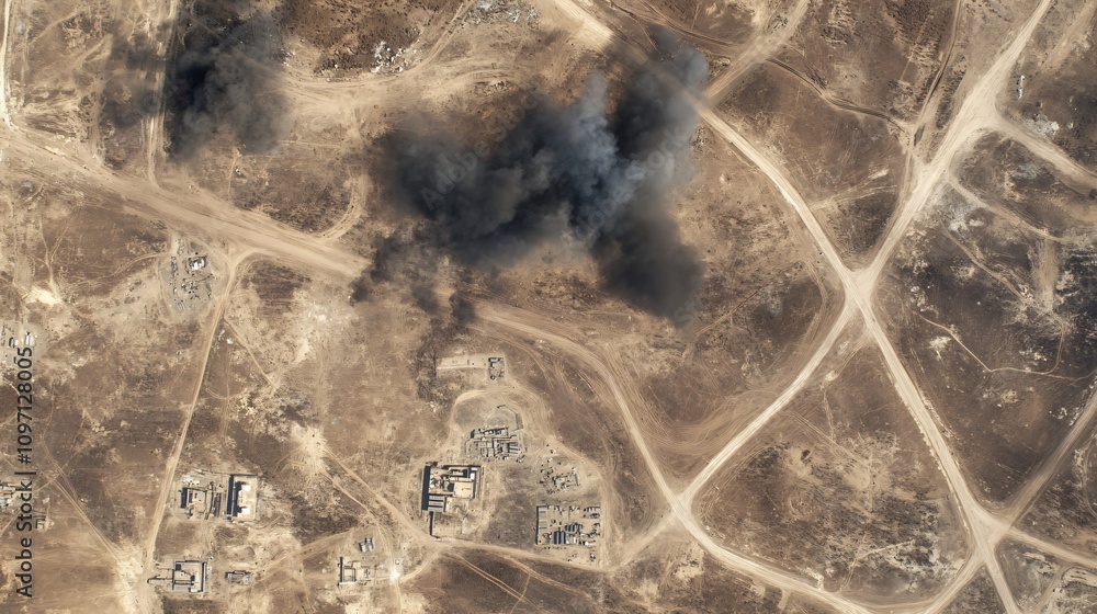 Aerial view of military attack aftermath with smoke rising from desert ...
