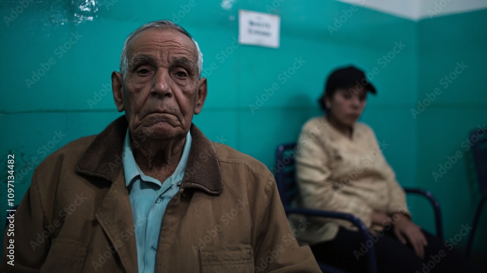 Senior person in teal medical waiting room. Hospital corridor with ...