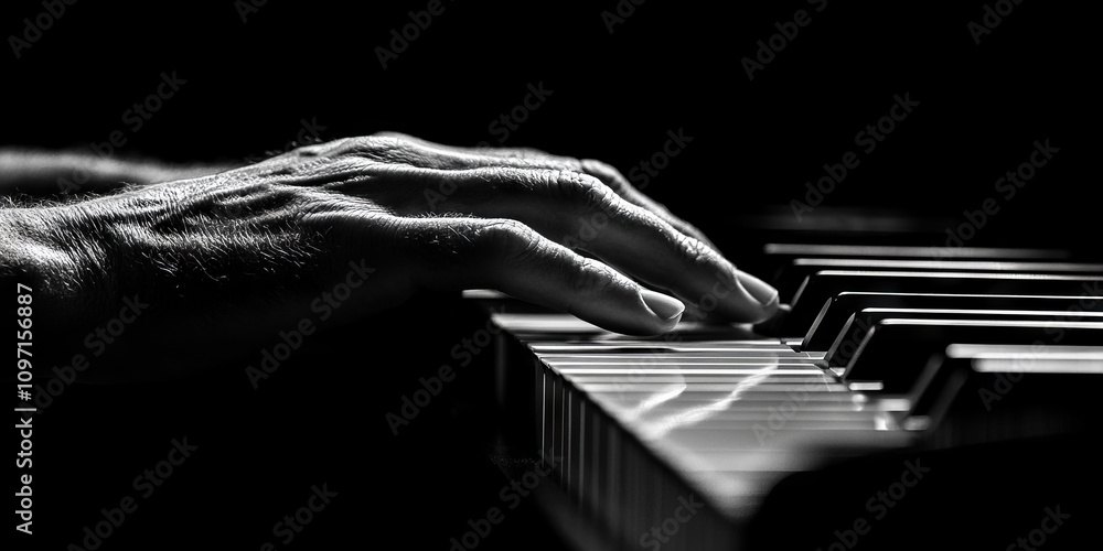 Close-up of hands playing piano keys, captured in high-contrast black ...
