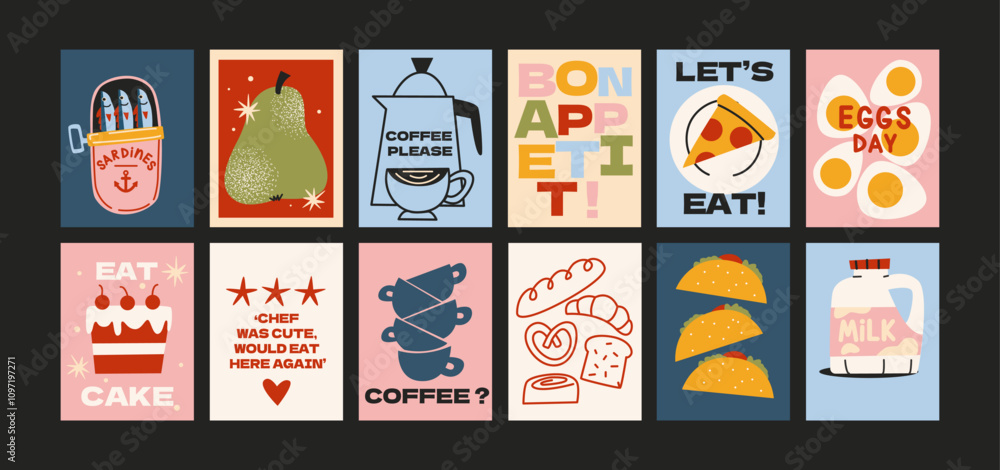 Abstract food posters for the kitchen. Culinary compositions in cartoon ...