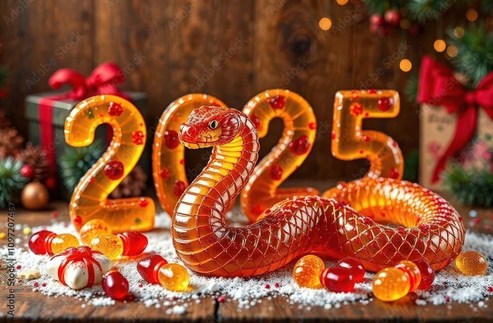 Jelly candy snake, symbol of 2025 on the Christmas sweet table Stock ...