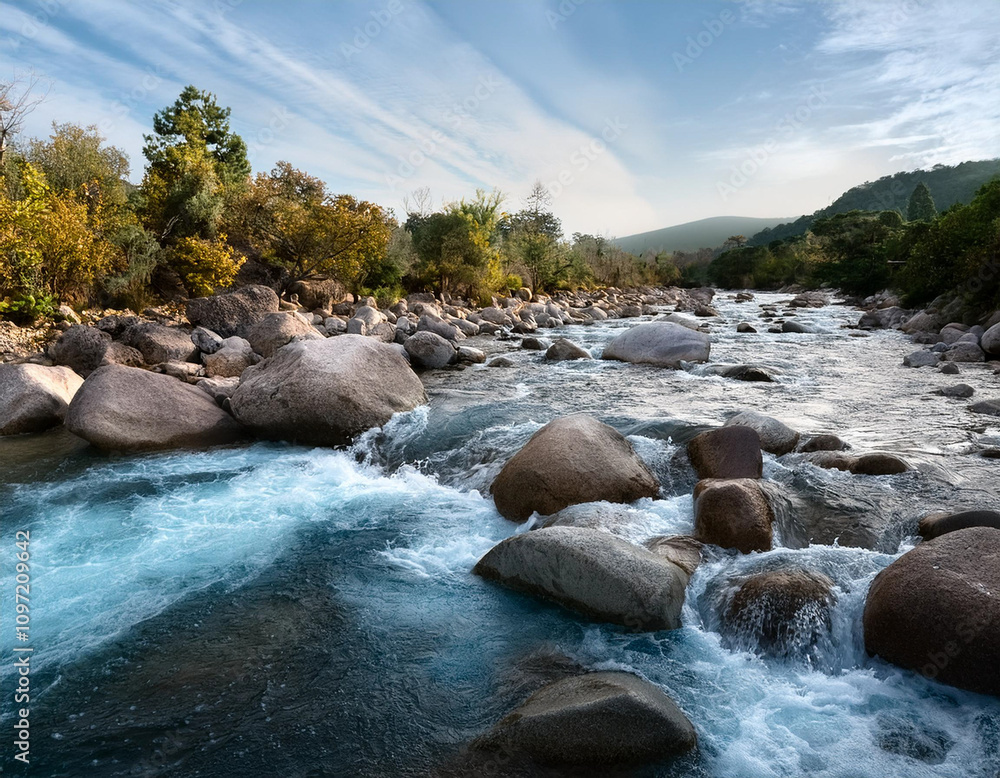 Show a river with currents splitting and rejoining around boulders ...
