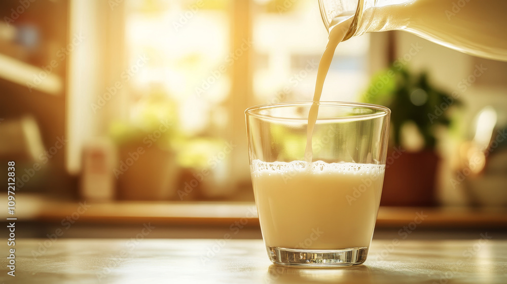 Pouring fresh milk from jug into glass at light table in kitchen ...