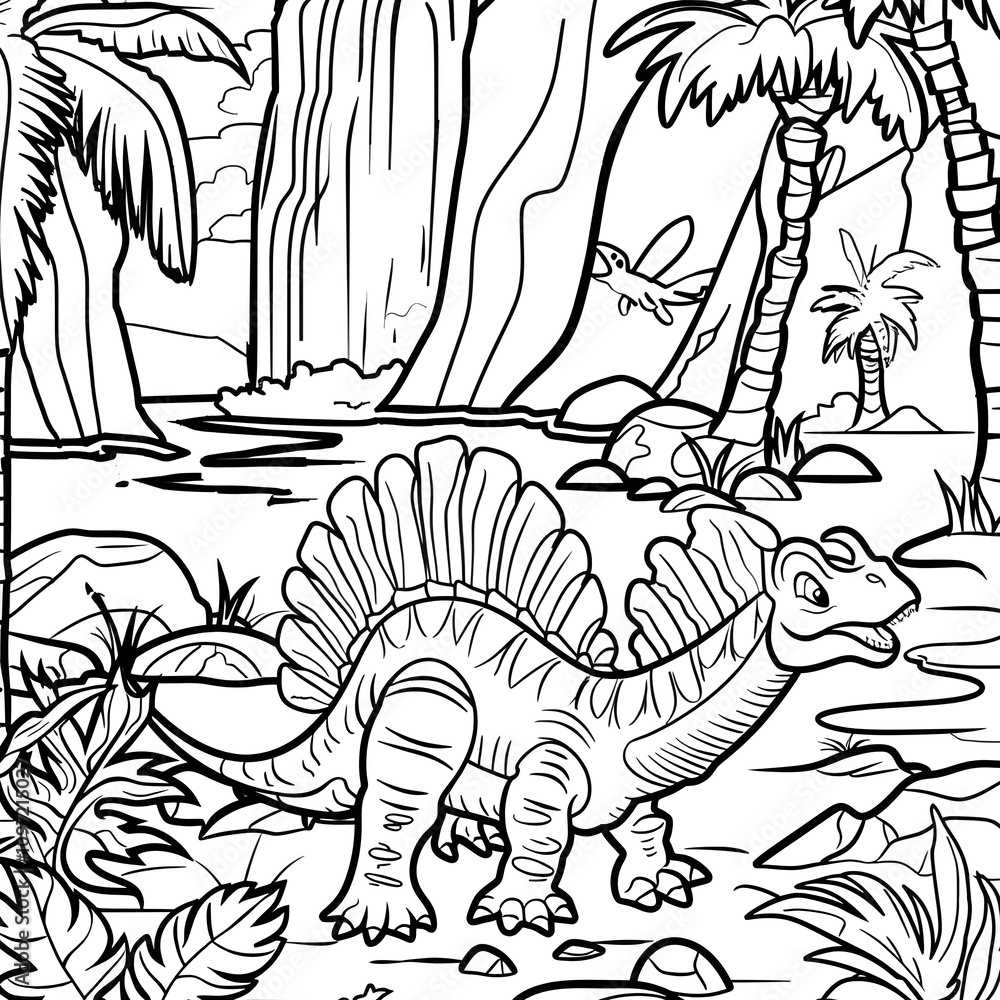 Spinosaurus Coloring Page for Kids in Prehistoric Jungle Setting Stock ...