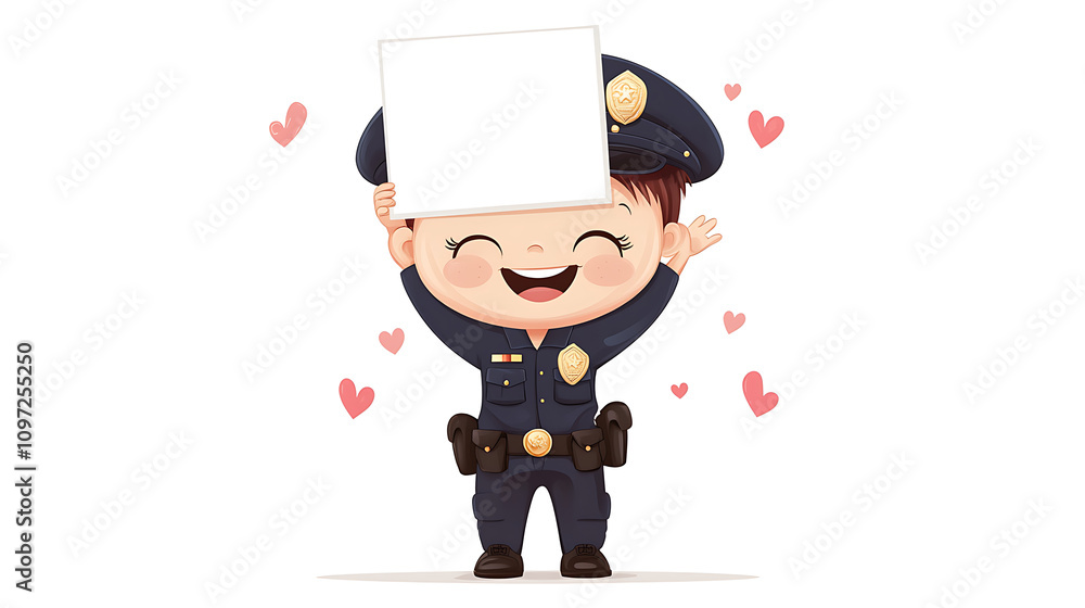Cartoon police officer holding blank sign, smiling joyfully with hearts ...