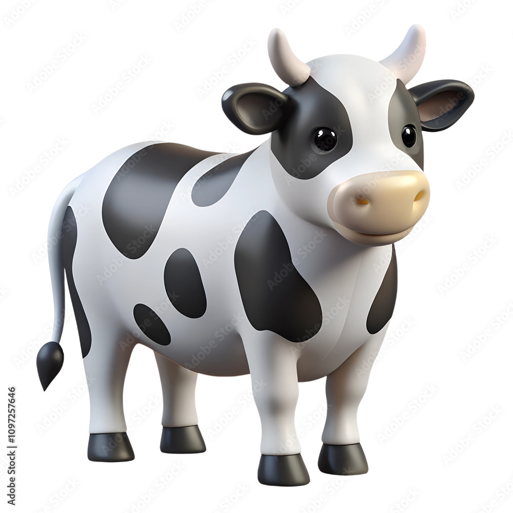 3D cartoon cow with black and white spots standing on a transparent ...