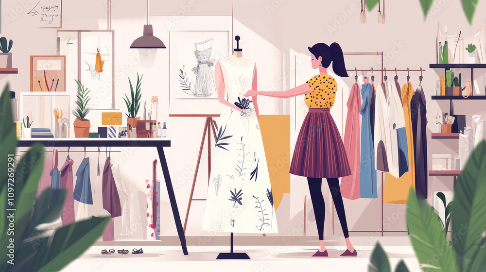 Fashion designer adjusting dress on mannequin in studio with clothing ...