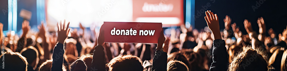 A crowd of people raising their hands in unity, with a banner ...