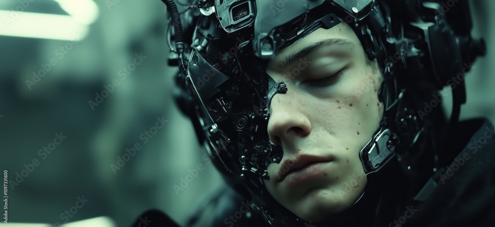 Futuristic cyborg face, intricate robotic features, human-like skin ...