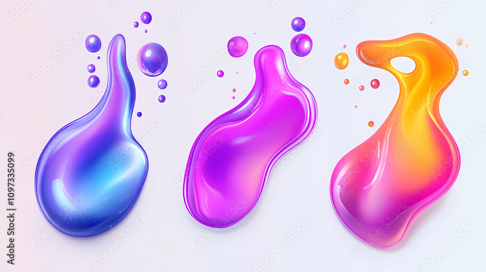 Set of 3d liquid blobs with abstract colored spheres in motion. vector ...