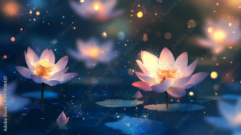Design a mystical backdrop with a cluster of floating lotus flow ...