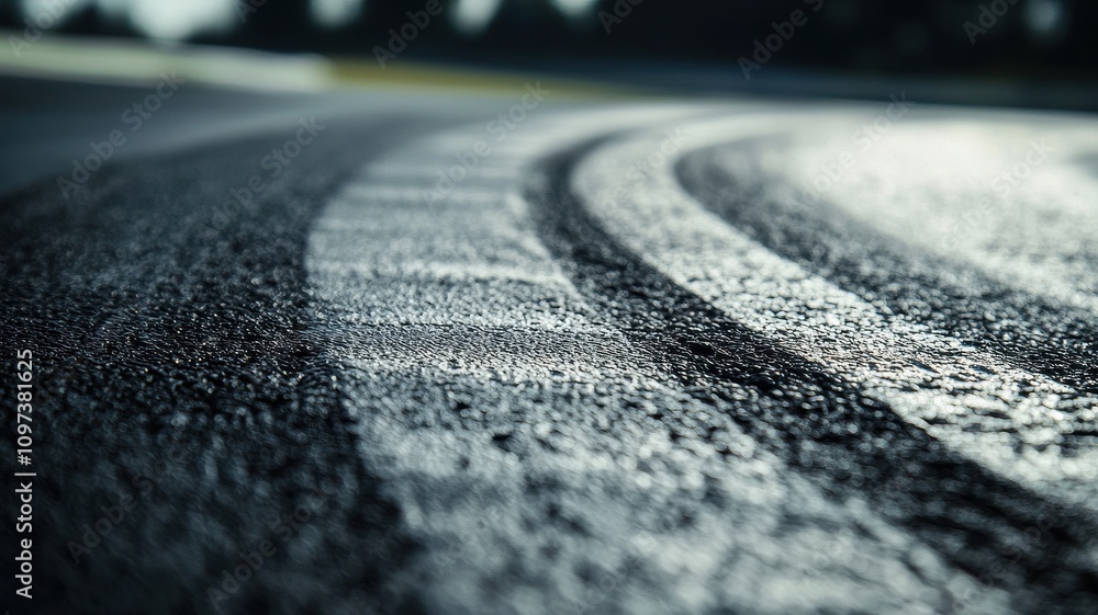 A close-up view of an empty F1 track featuring tire marks, showcasing ...