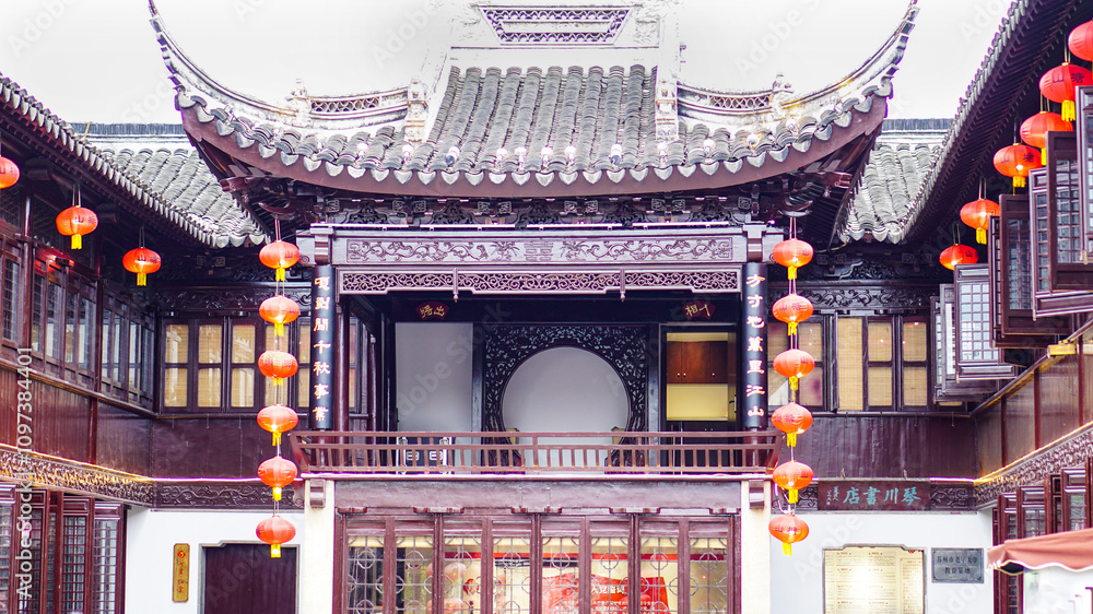 Ancient Chinese opera stages, intricately designed with ornate carvings ...