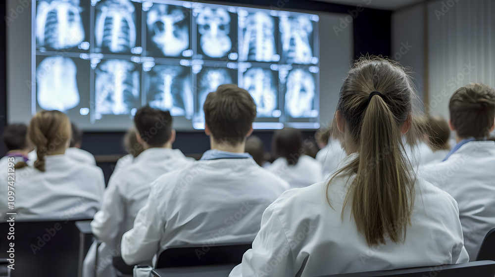 Medical professionals attending a lecture on radiology with X-ray ...