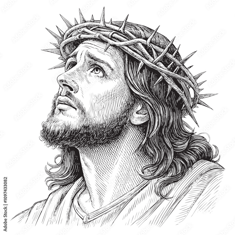 jesus with a crown of thorns jesus christ praying sketch hand drawn ...