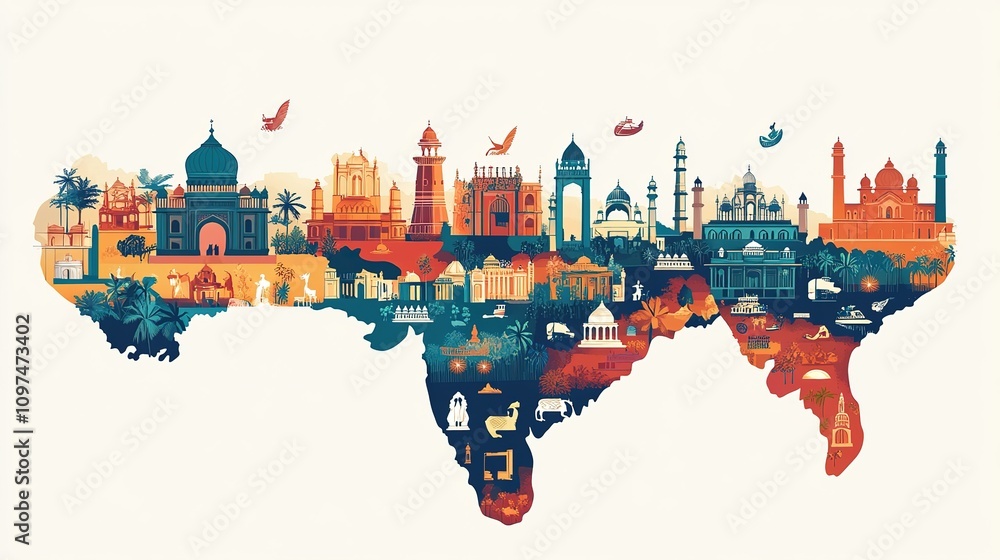 India map with iconic landmarks, culture, and nature. Stock ...