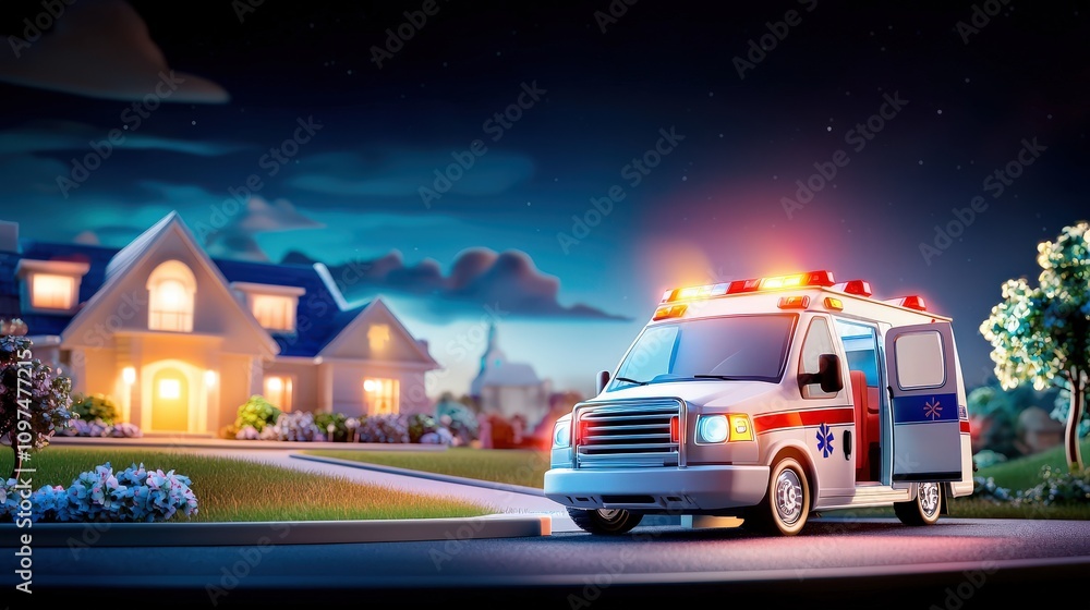 Front view of an ambulance with flashing lights, parked at a hospital ...
