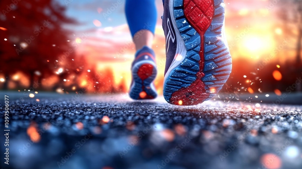 Runner's feet pounding the pavement at sunset. Dynamic energy and ...