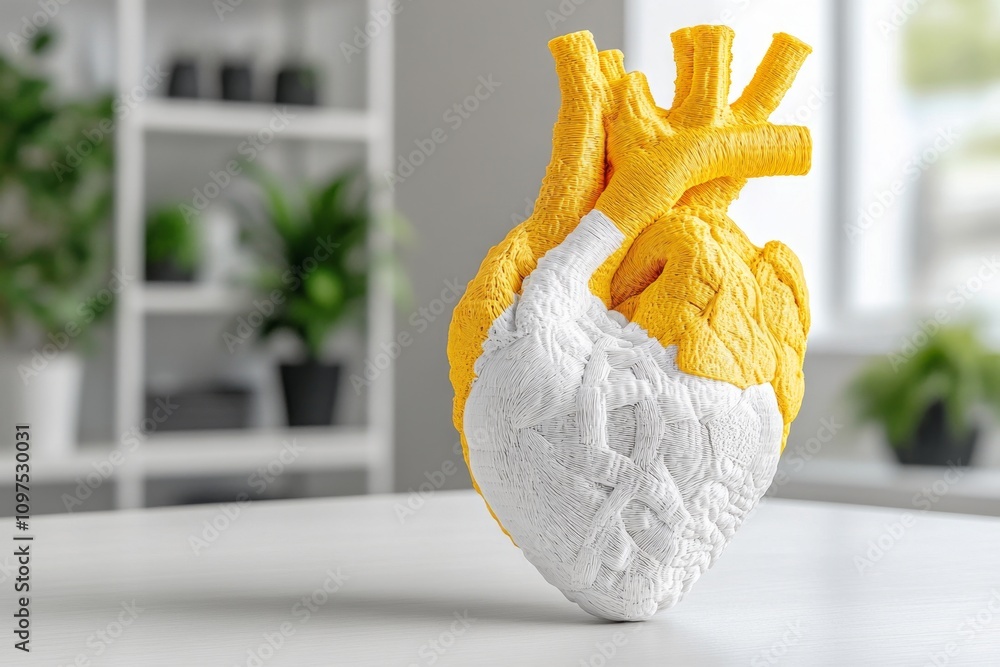 Atrium and aorta connected in a 3D-printed heart model, displayed for a ...