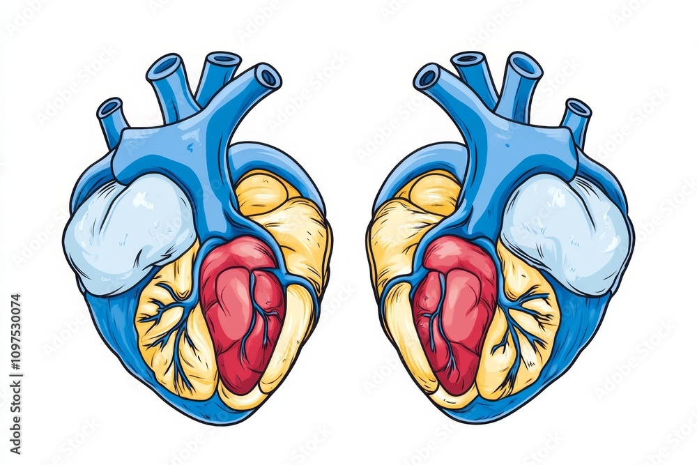 Atrium and aorta depicted as bold, stylized shapes with arrows ...