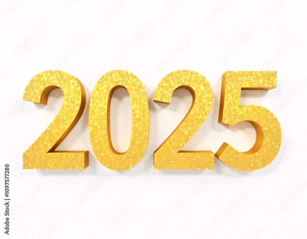 Number 2025 years is embossed in 3D on sparkling background. Golden ...
