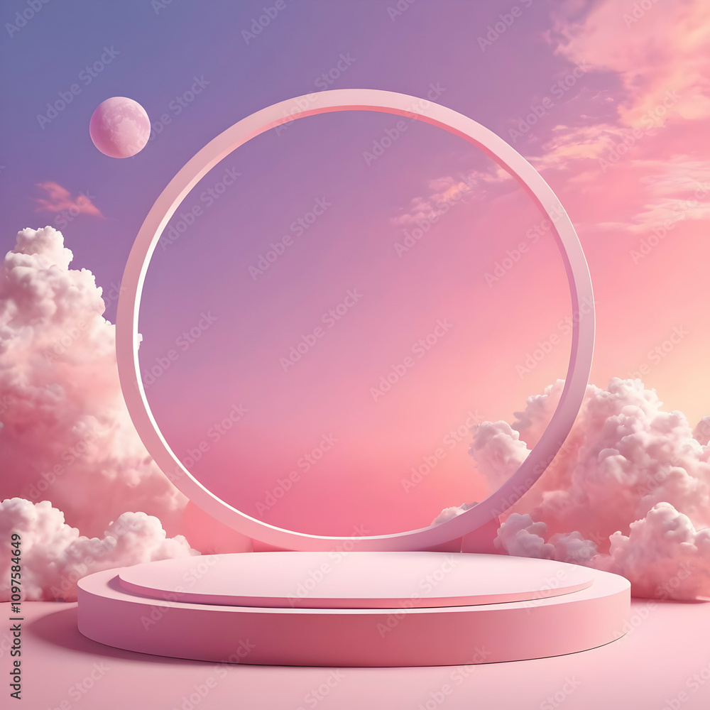 3D soft pink circle podium display on fantasy sky pastel color ...
