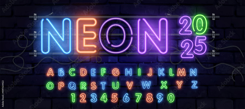 Glowing blue Neon Alphabet with letters from A to Z and digits from 0 ...