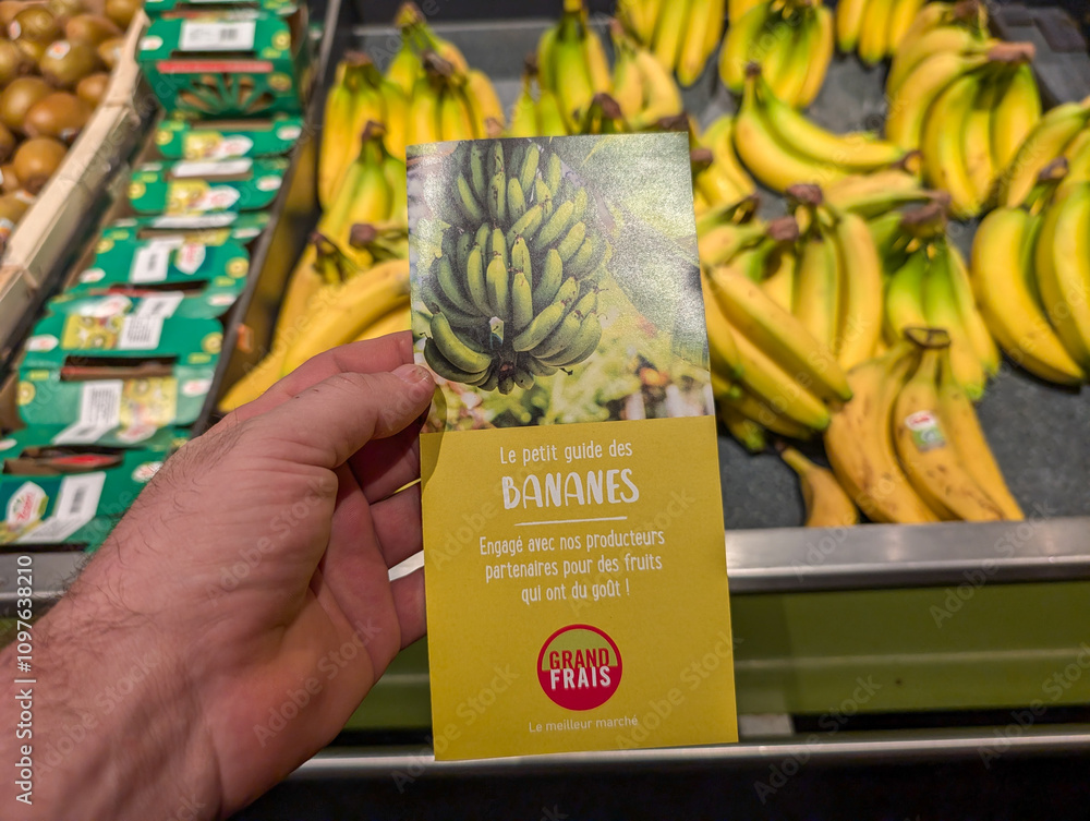 France, 15 August 2024: Hand holding a banana guide leaflet in front of ...