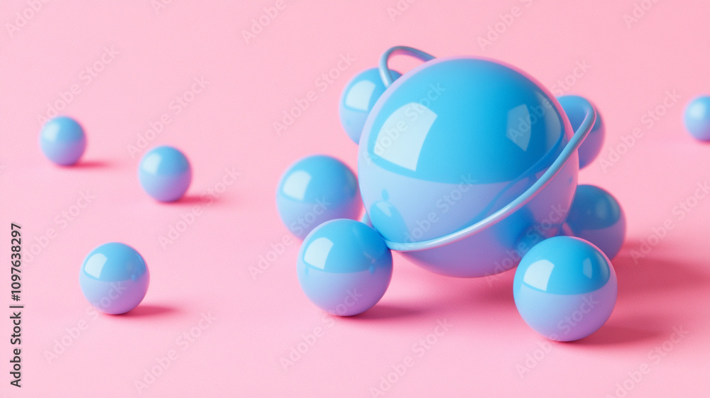 vibrant blue model of atom sits on soft pink background, showcasing its spherical structure and ...