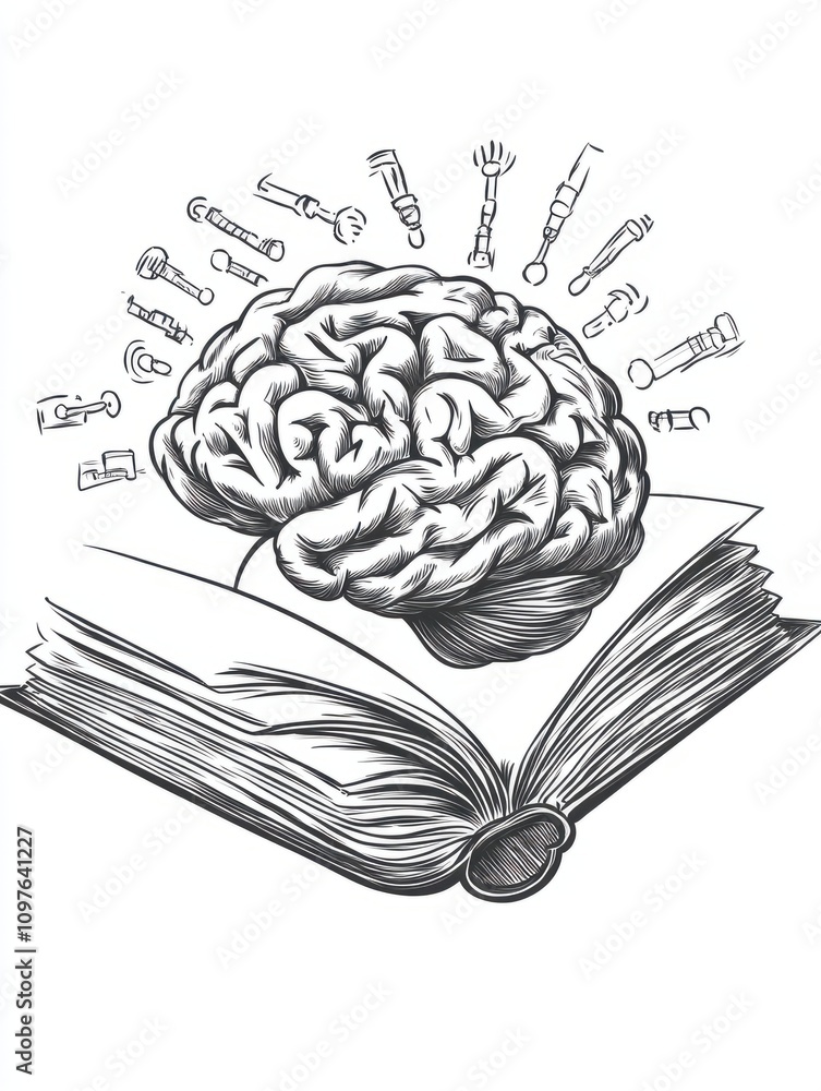 Book with brain neural networks hand drawn outline doodle icon. Deep ...