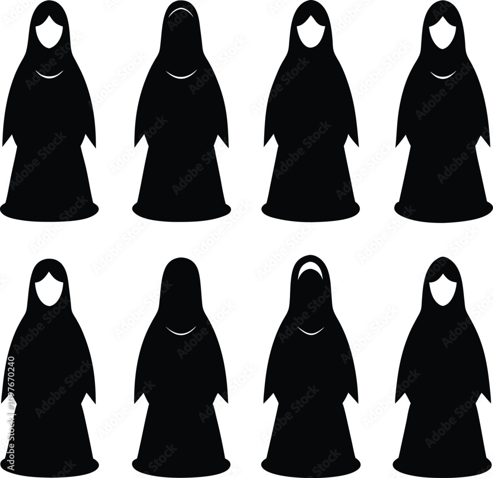 Black and White Silhouette Vector Art of Women in Islamic Dress, Hijab ...