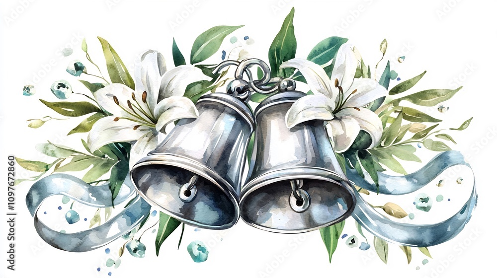 Elegant Watercolor Artwork of Two Shiny Silver Wedding Bells Surrounded ...