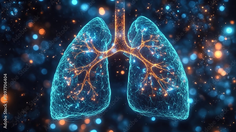 3D digital art of lungs made from glowing blue and orange connections ...