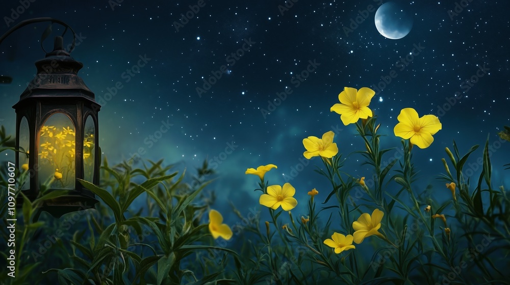 yellow primrose blooming at night, stars and moon in the right corner ...