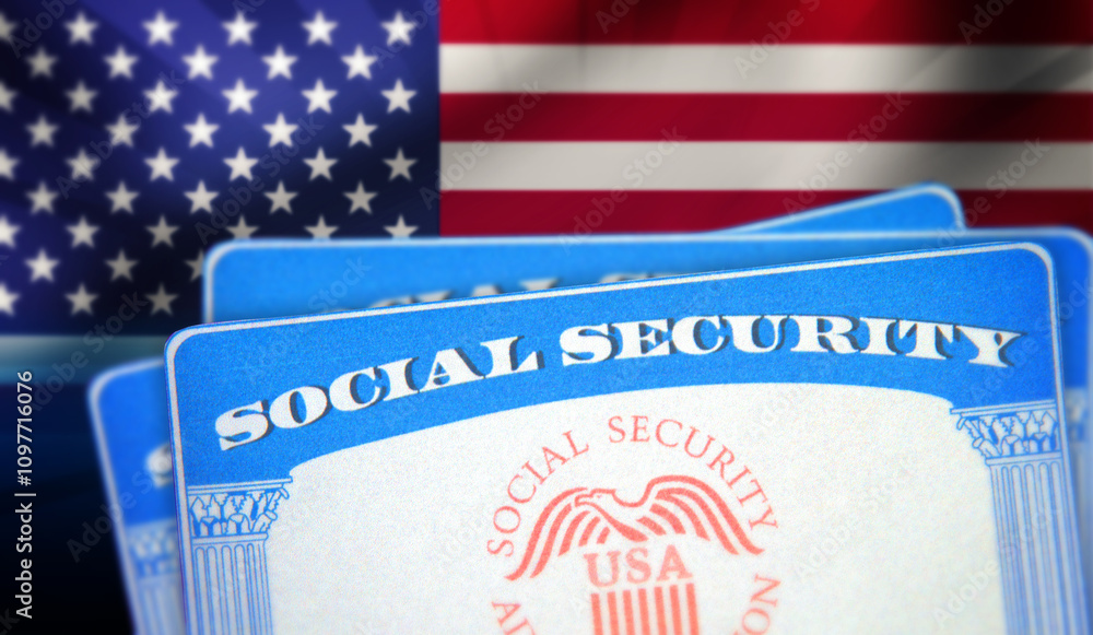 Social Security Card with blur American flag waving in the backdrop ...