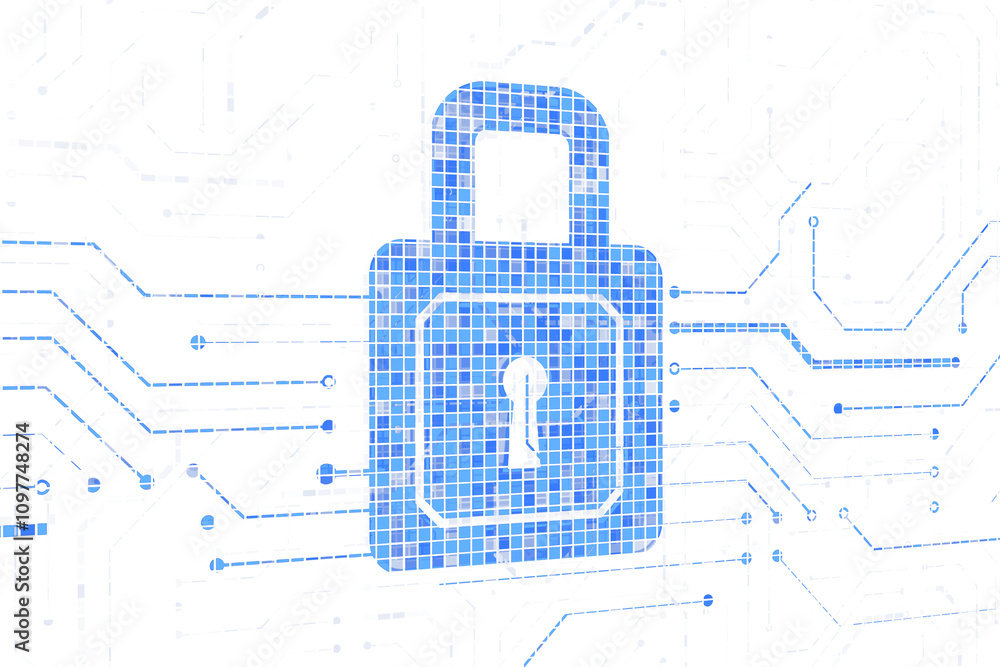 Blue lock icon made of pixel blocks, white background with circuit-like ...
