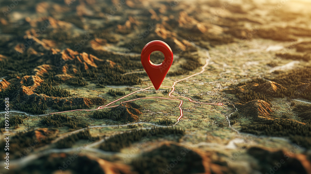 map with a location pin marking a destination, showing highlighted ...