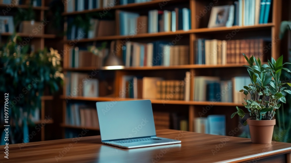 Professional remote work setup with bookcase in office room as Zoom ...