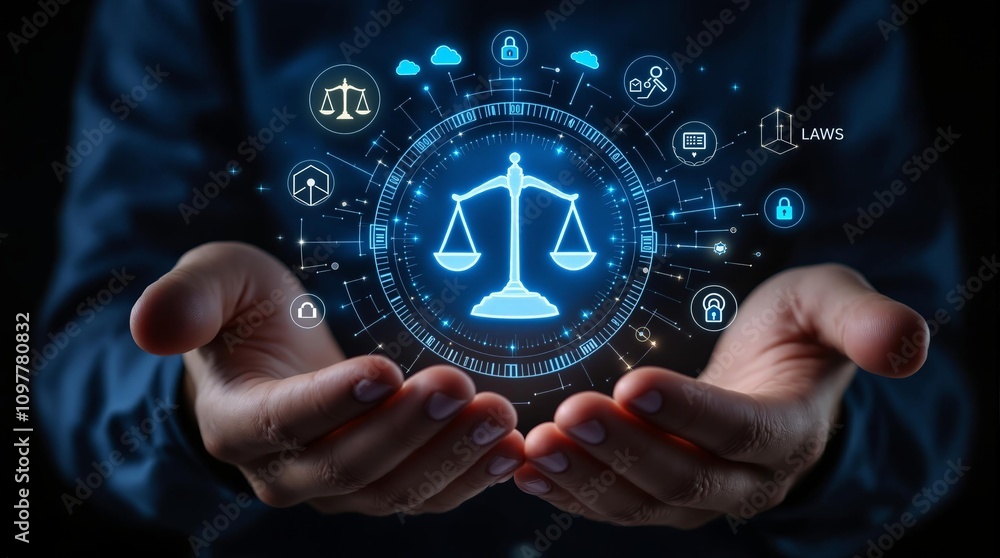 law in artificial intelligence governance. Icons related to AI ethics ...