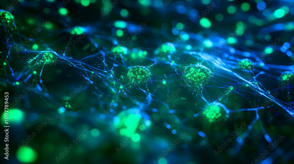A Futuristic Visualization Of A Neural Network With Glowing Green Synaptic Connections The