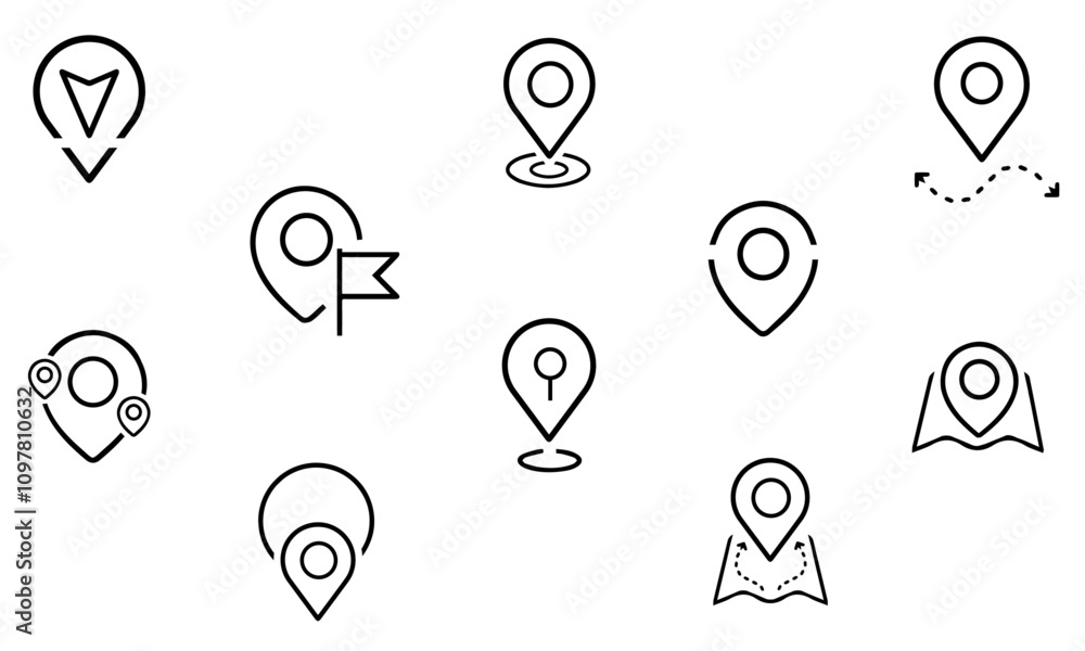 Location and address web icons set. Map with a Pin, Route map, Navigator, Direction. Containing ...
