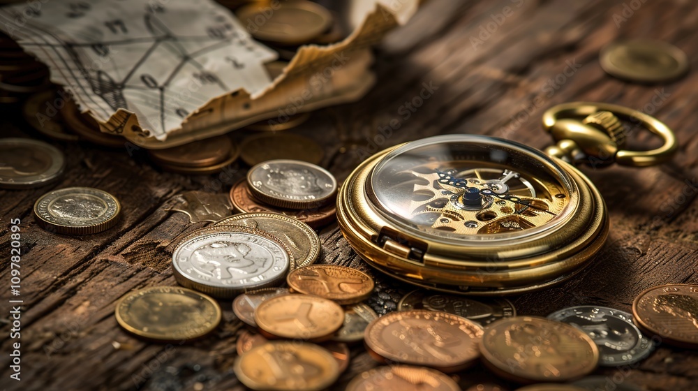 Vintage pocket watch on weathered wooden table with old coins and ...