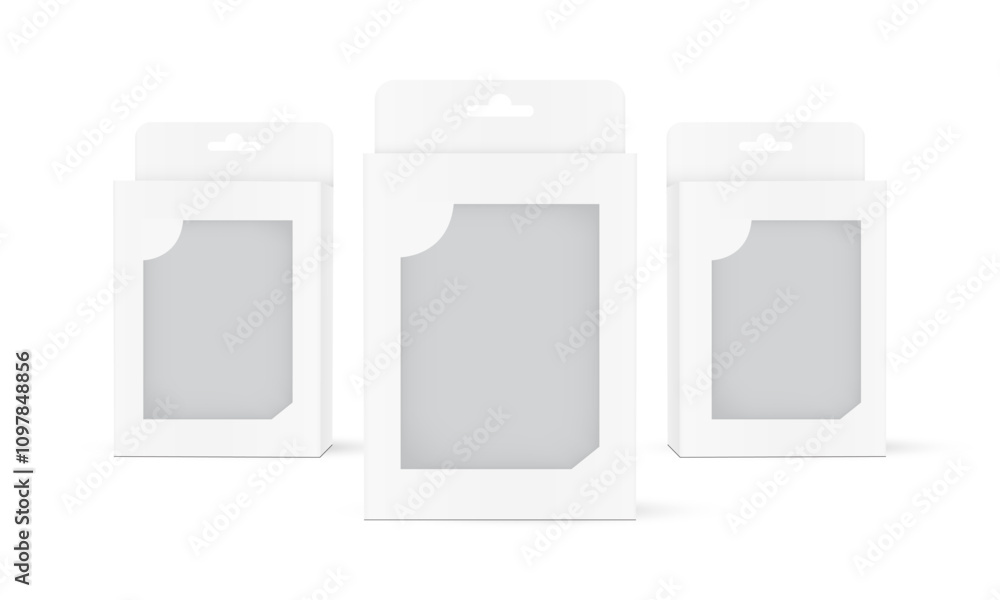 Three Hanging Packaging Boxes With Transparent Window, Front View ...