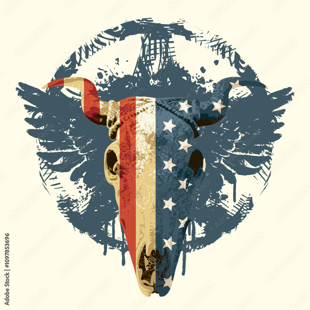 coat of arms with pattern skull bull with USA flag under round ...