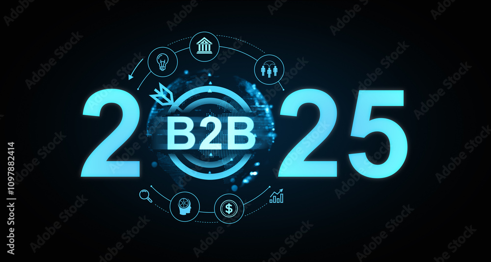 B2B forecast for 2025 with holographic icons representing business and financial concepts. 3D ...