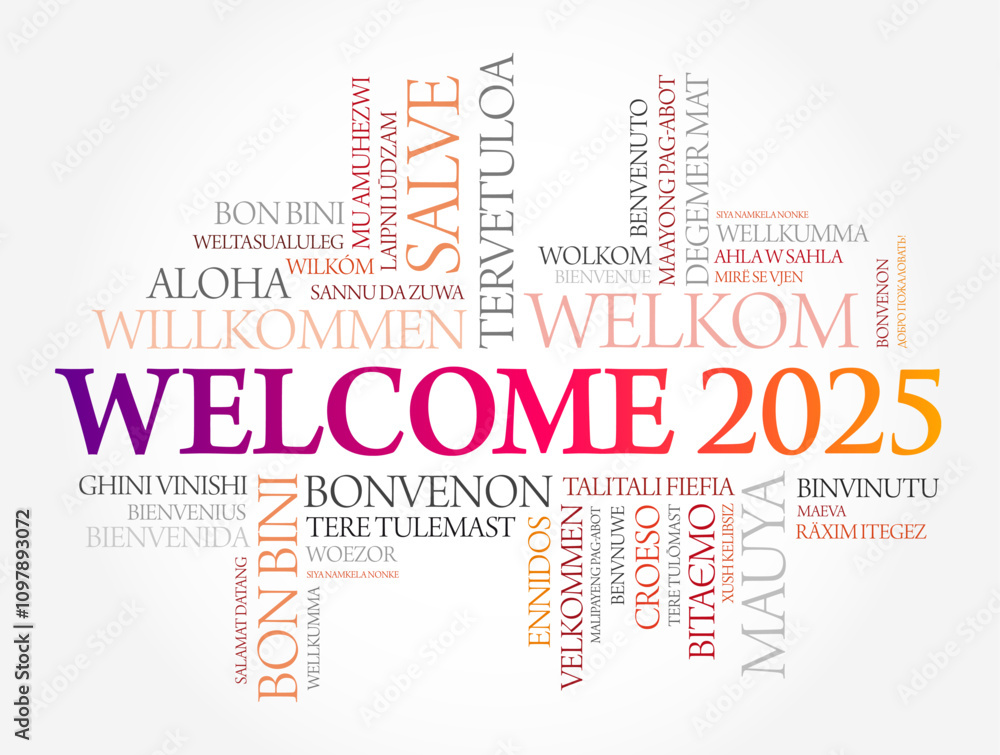 WELCOME 2025 word cloud in different languages, conceptual background ...