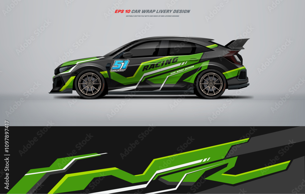 Sporty Car wrap livery design with elegant racing line theme with green ...