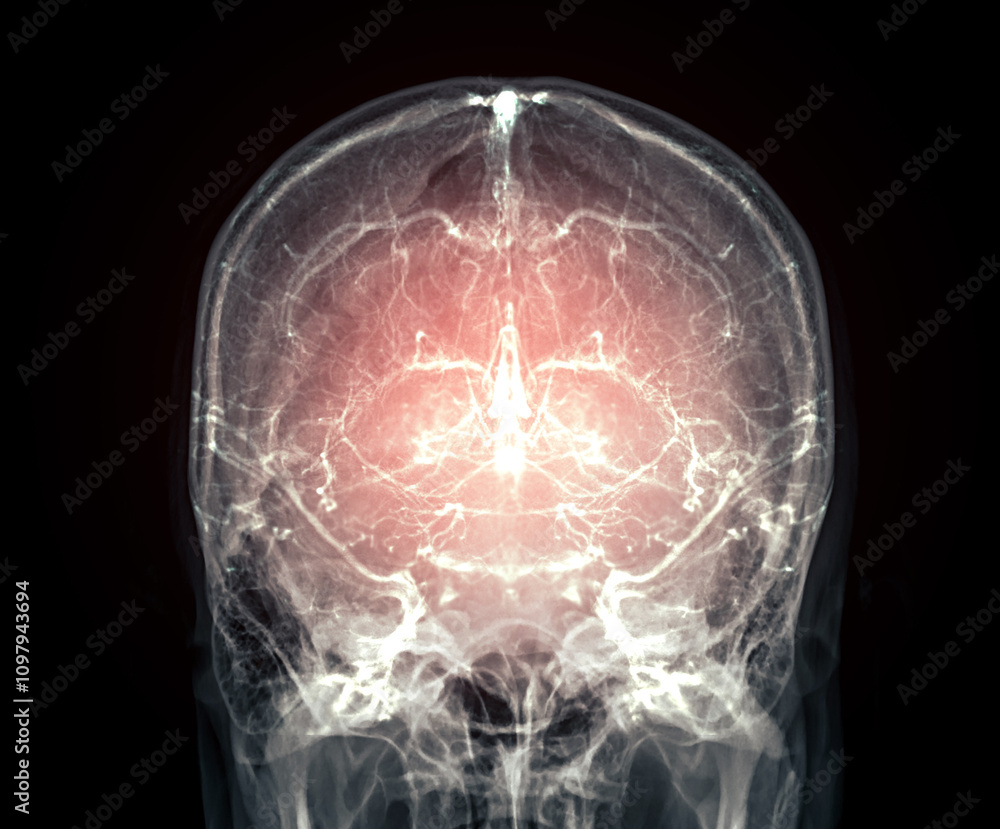 This striking image of a cerebral angiogram highlights the brain's ...